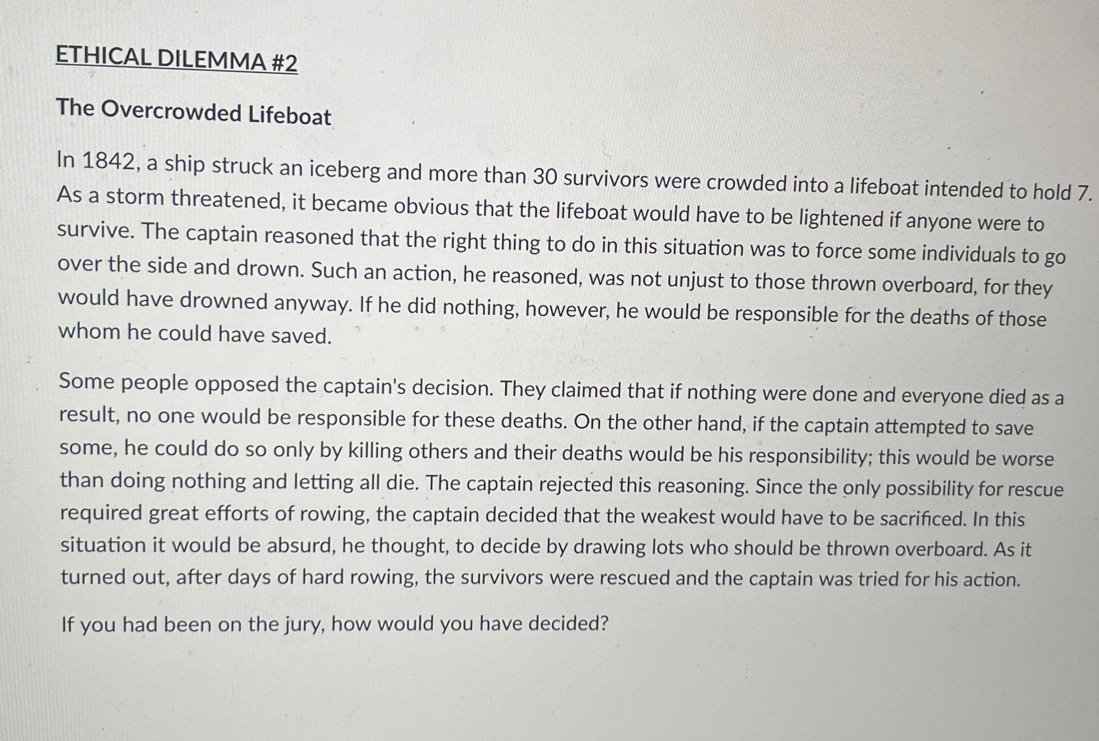 Solved ETHICAL DILEMMA#2The Overcrowded LifeboatIn 1842, ﻿a | Chegg.com