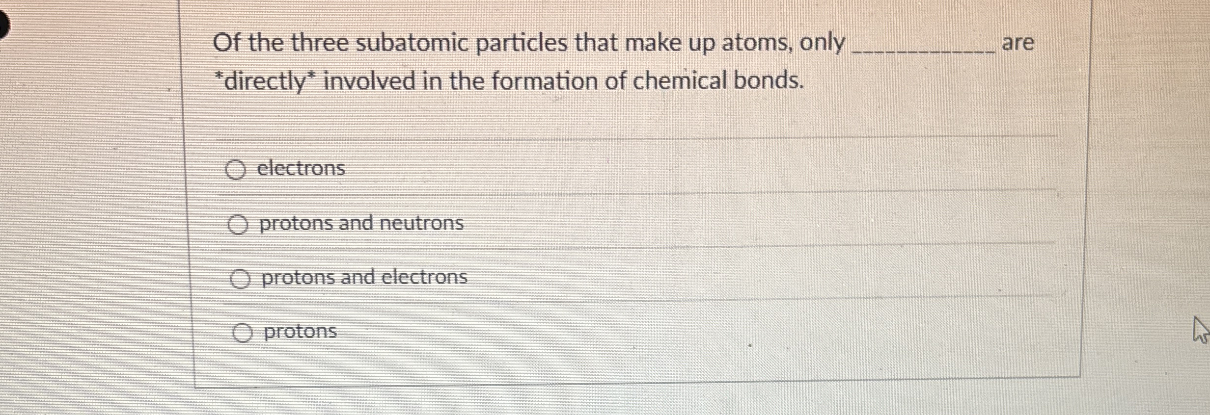 Solved Of the three subatomic particles that make up atoms, | Chegg.com