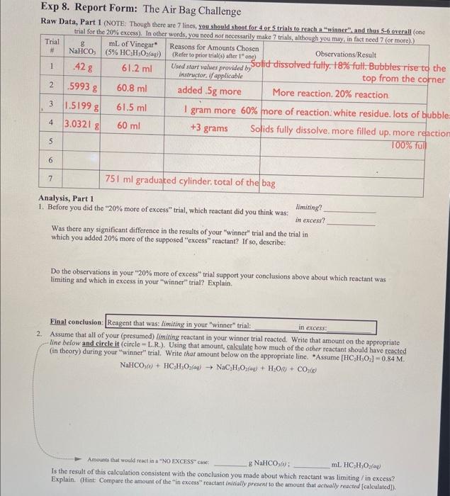 Solved Exp 8. Report Form: The Air Bag Challenge Raw Data, | Chegg.com
