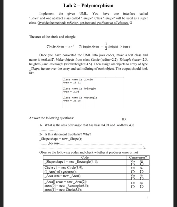 Solved Lab 2 - Polymorphism Implement the given UML. You | Chegg.com