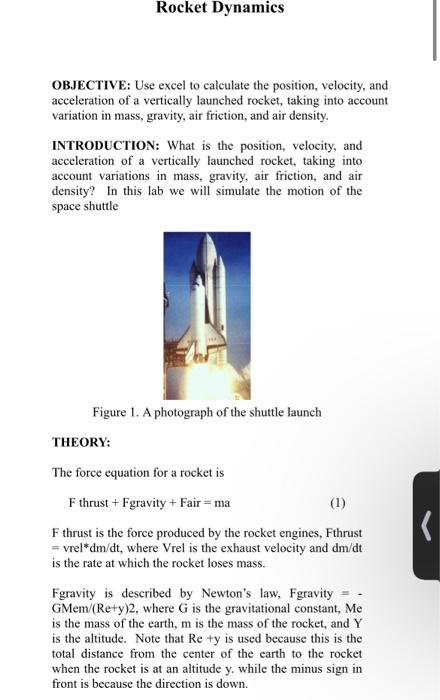 Rocket Dynamics OBJECTIVE: Use excel to calculate the | Chegg.com