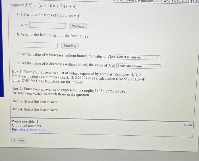 Solved ppose f(x)=(x−4)(x+2)(x+4) a. Determine the roots of | Chegg.com