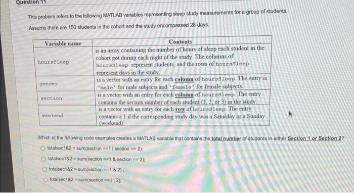 Solved This problem refers to the following MATLAB variables | Chegg.com