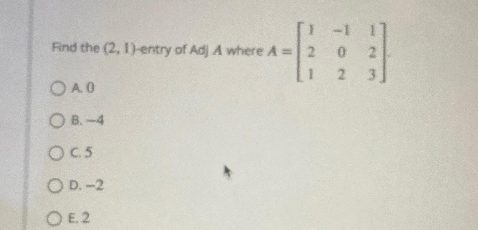 Solved Find the (2,1)-entry of Adj A where | Chegg.com