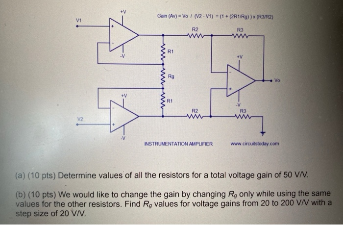 Solved +V Gain (Av) = Vo / (V2-V1) = (1 + (2R1/Rg) )x | Chegg.com