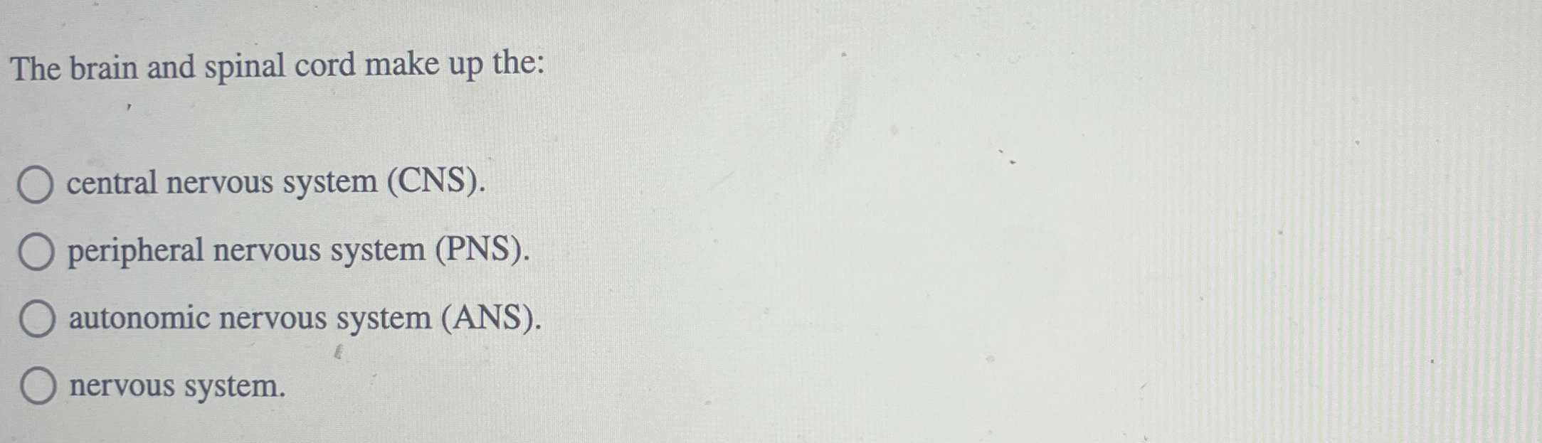 Solved The brain and spinal cord make up the:central nervous | Chegg.com