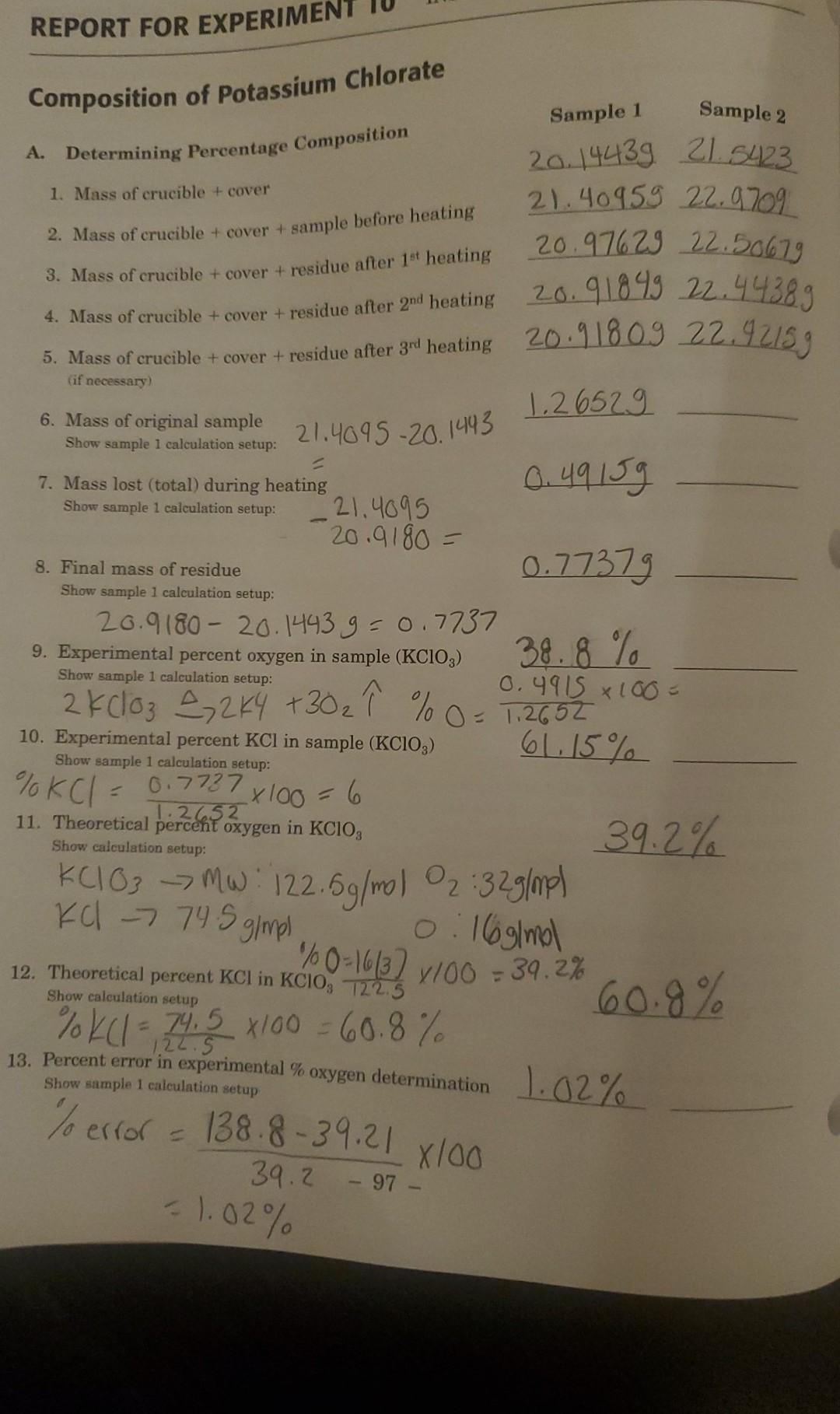 Solved REPORT FOR EXPERIMENT Composition of Potassium | Chegg.com