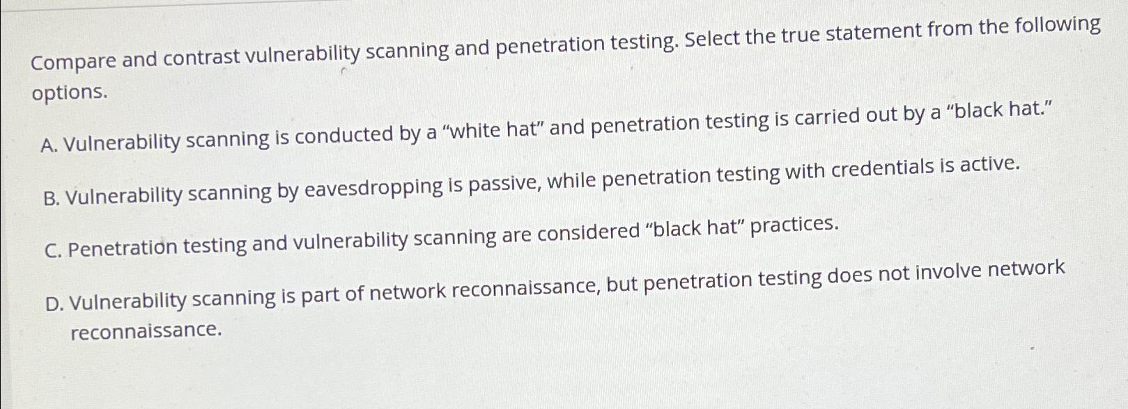 Solved Compare and contrast vulnerability scanning and | Chegg.com