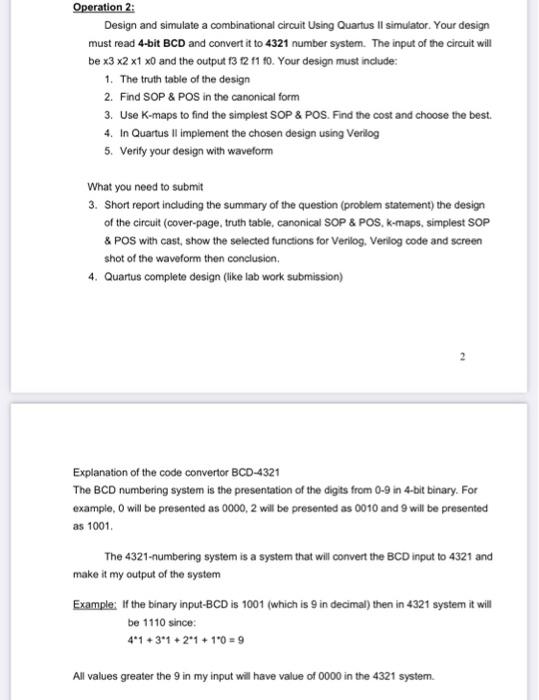 Solved Operation 2: Design and simulate a combinational | Chegg.com