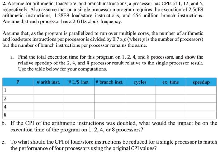 Solved 2. Assume for arithmetic, load/store, and branch | Chegg.com