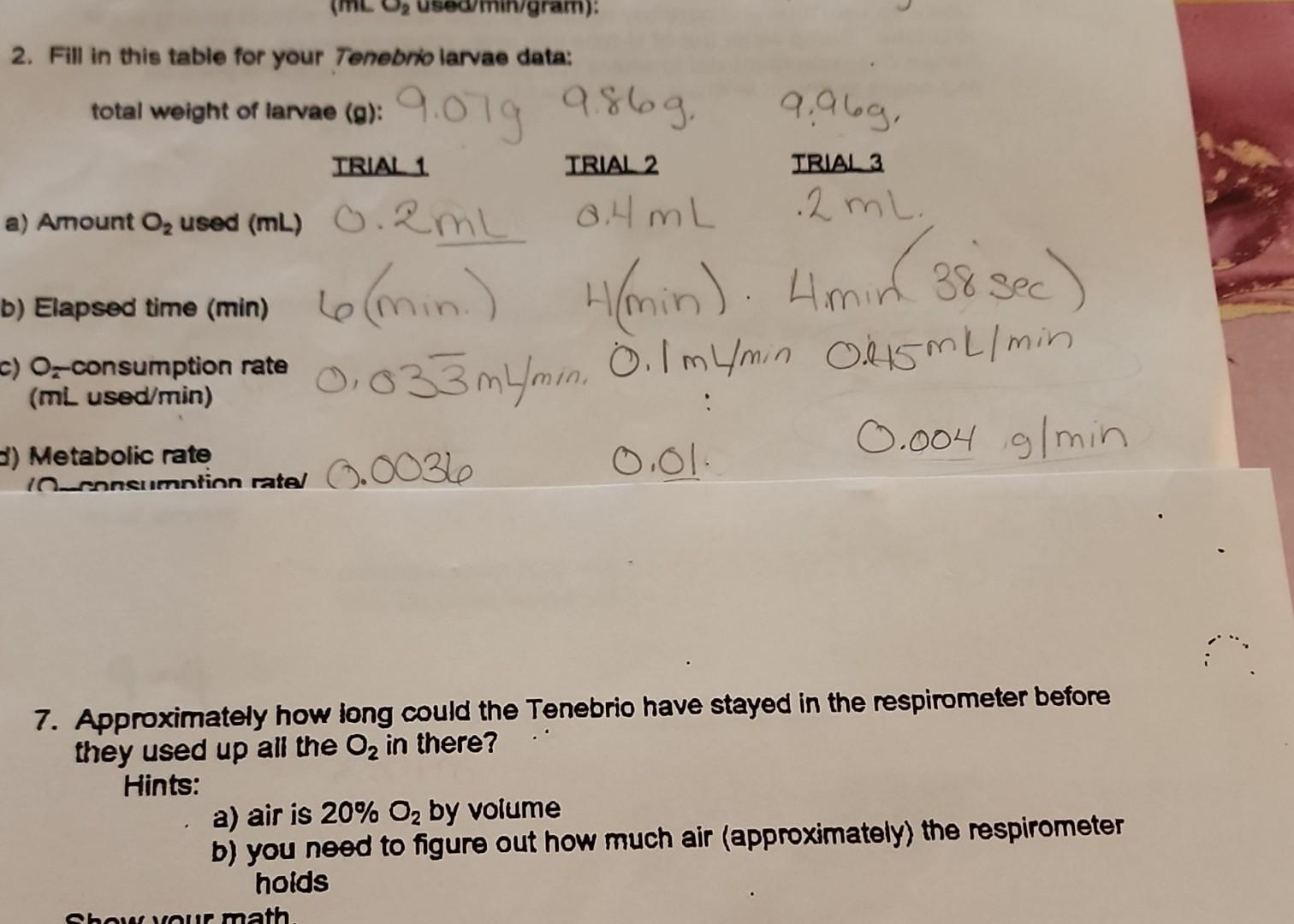 Solved 2. Fill in this table for your Tenebrio larvae | Chegg.com