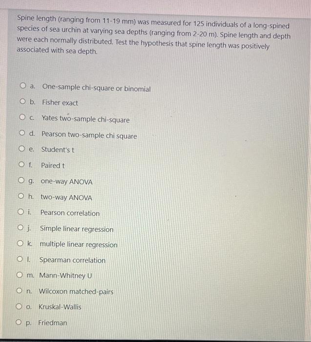 Solved Spine length (ranging from 11-19 mm ) was measured | Chegg.com