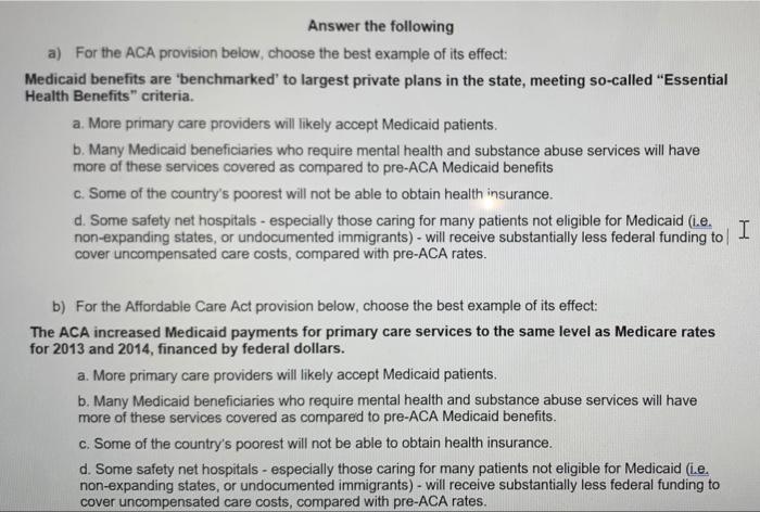 Solved Answer the following a) For the ACA provision below, | Chegg.com
