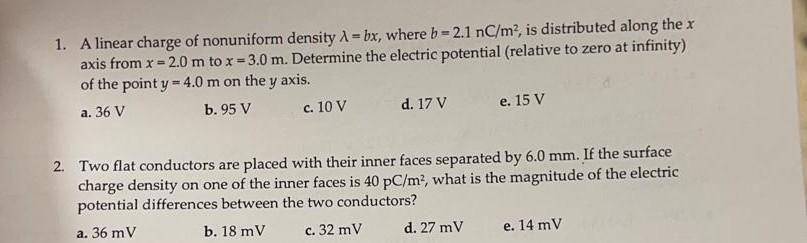 Solved 1. A linear charge of nonuniform density λ = bx, | Chegg.com