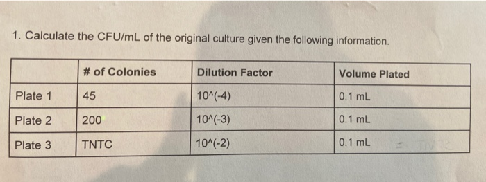 Solved 1. Calculate the CFU/mL of the original culture given | Chegg.com
