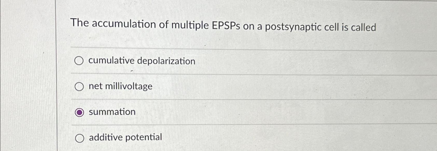 Solved The accumulation of multiple EPSPs on a postsynaptic | Chegg.com