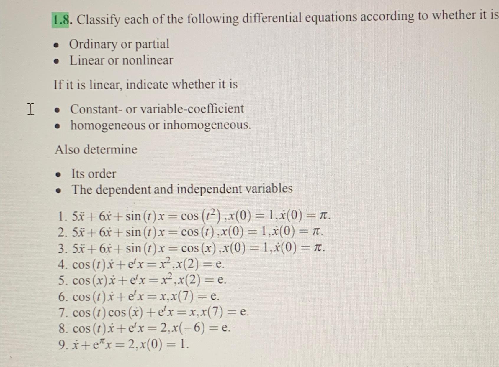 Solved 1.8. ﻿Classify each of the following differential | Chegg.com