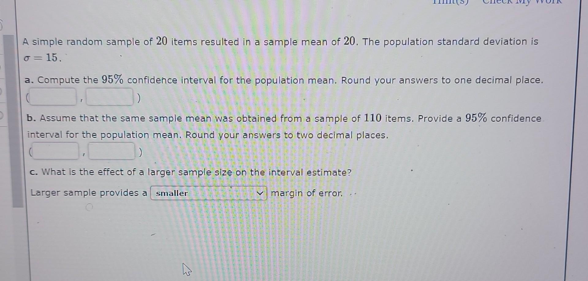 Solved A simple random sample of 20 items resulted in a | Chegg.com