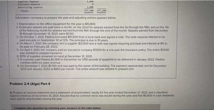 Problem 2-4 (Algo) Accounting cycle; adjusting | Chegg.com