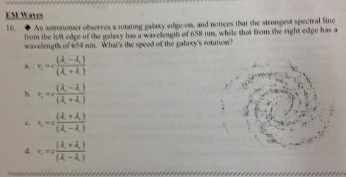 Solved An astronomer observes a rotating galaxy edge on, | Chegg.com