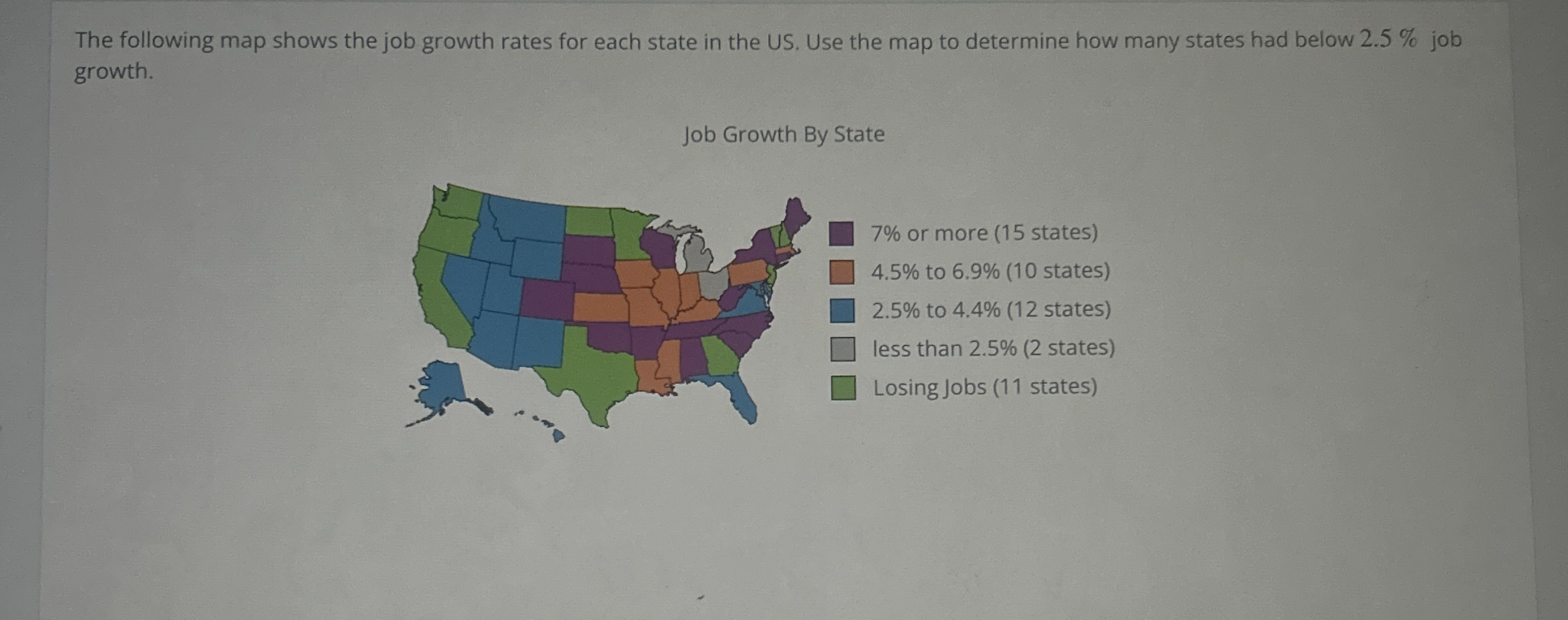 Solved The following map shows the job growth rates for each | Chegg.com
