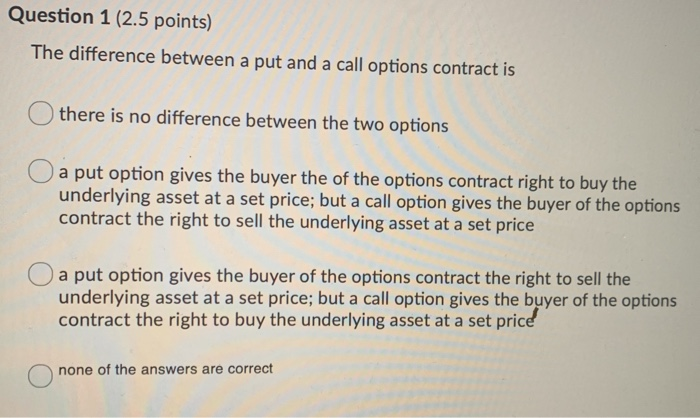 Solved Question 1 (2.5 points) The difference between a put | Chegg.com