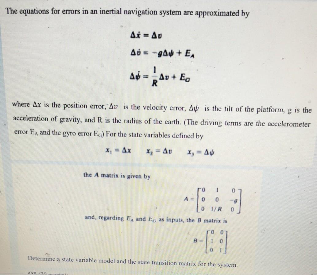 Solved The equations for errors in an inertial navigation | Chegg.com