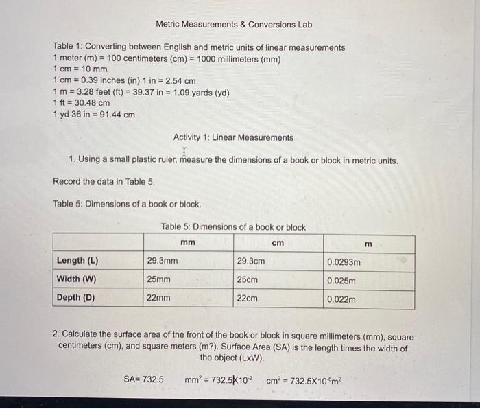 Solved Metric Measurements & Conversions Lab Table 1: | Chegg.com