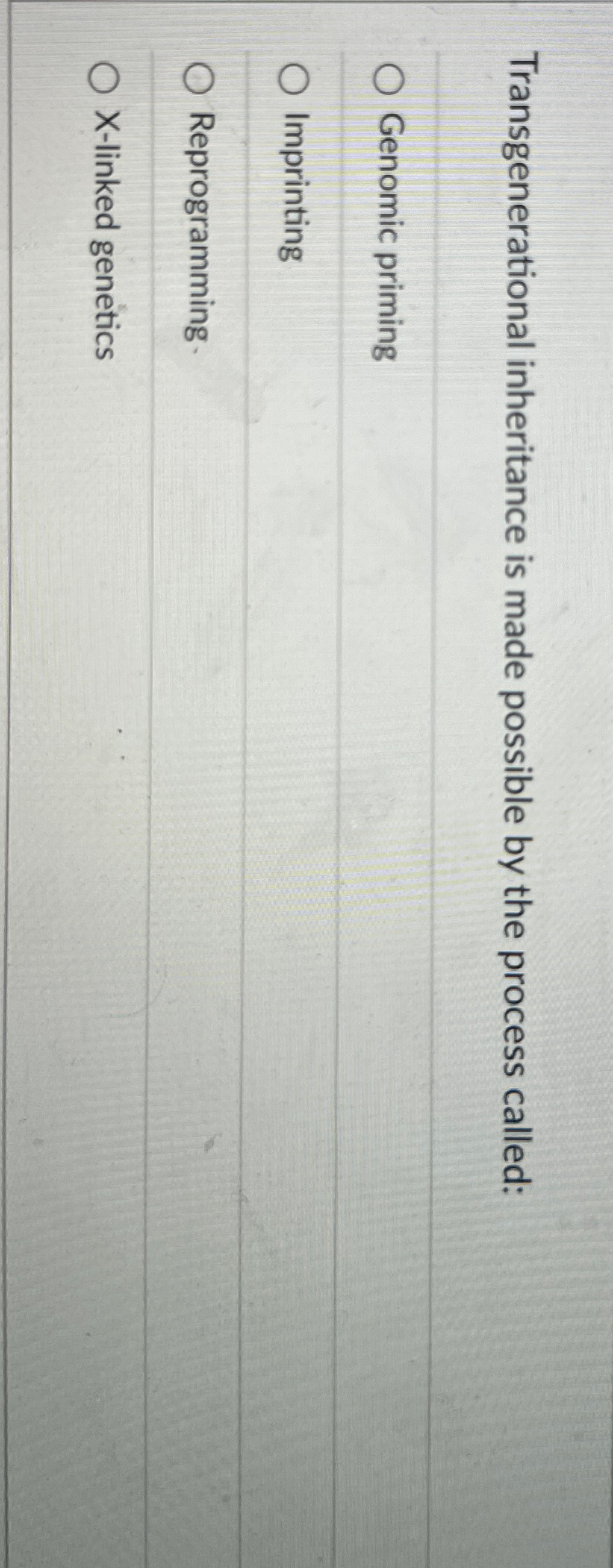 Solved Transgenerational inheritance is made possible by the | Chegg.com
