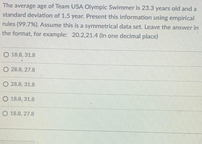 Solved The average age of Team USA Olympic Swimmer is 23.3 | Chegg.com
