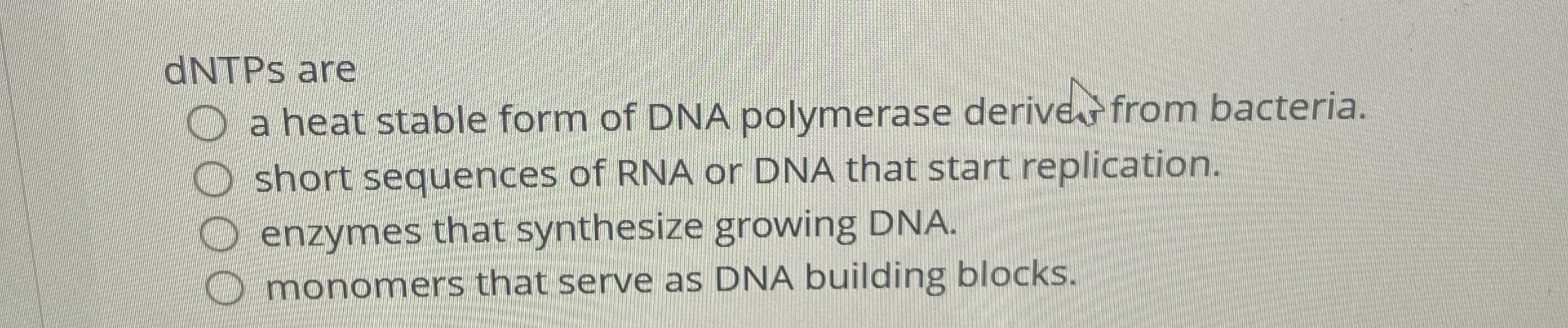 Solved dNTPs area heat stable form of DNA polymerase derives | Chegg.com