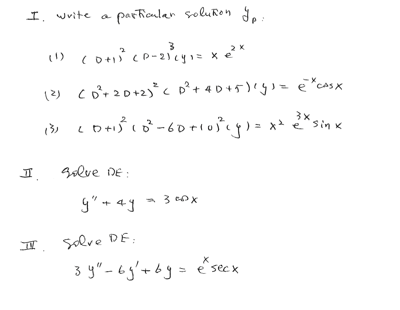 Solved I. write a particular solution yp | Chegg.com