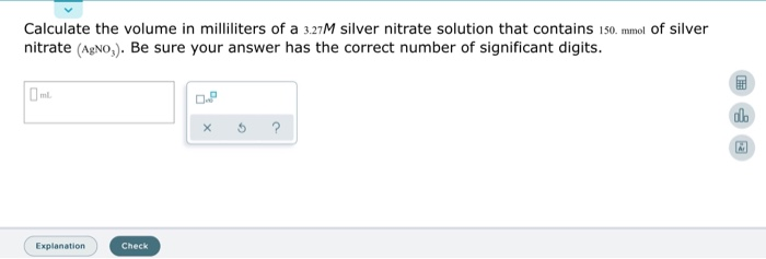 Solved Calculate the volume in milliliters of a 3.27M silver | Chegg.com