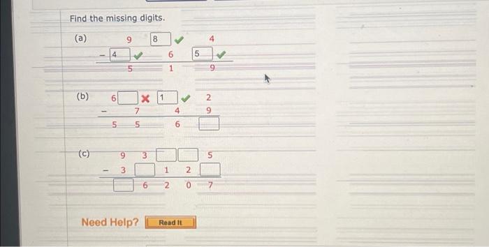 Solved Find the missing digits. (a) (b) (c) 4 6 LO 5 9 3 9 5 | Chegg.com