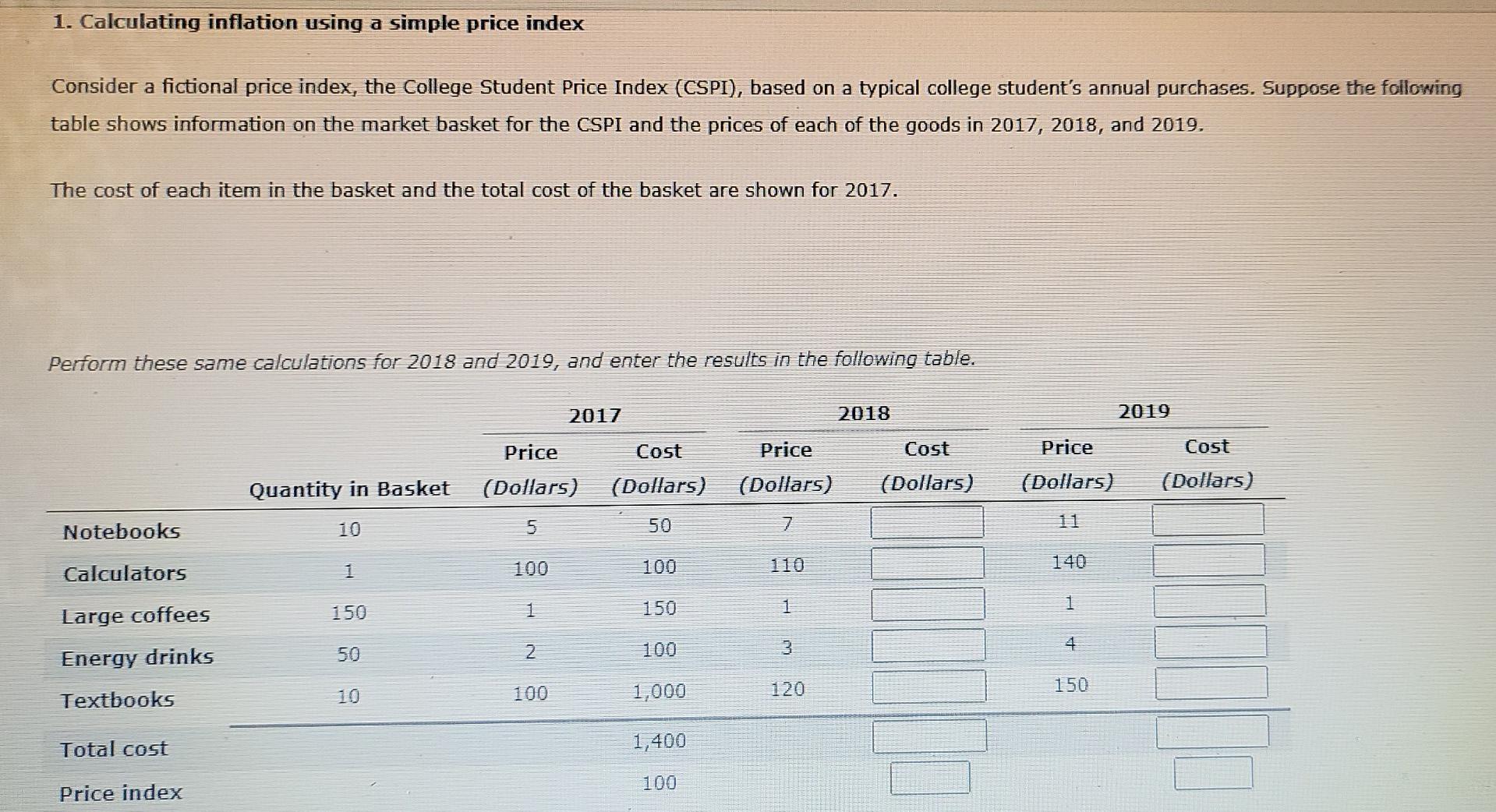 Solved 1. Calculating inflation using a simple price index | Chegg.com