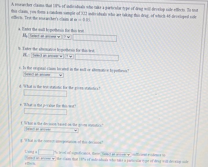 Solved A researcher claims that 18% of individuals who take | Chegg.com