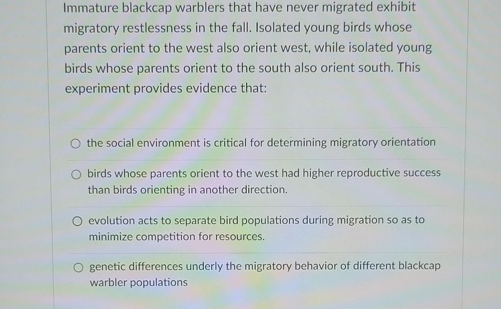 Solved Immature blackcap warblers that have never migrated | Chegg.com