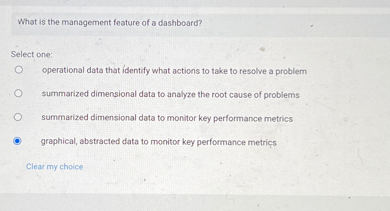 Solved What is the management feature of a dashboard?Select | Chegg.com