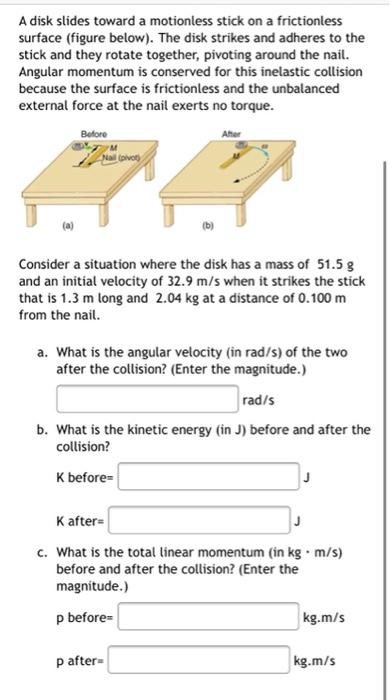 Solved A disk slides toward a motionless stick on a | Chegg.com
