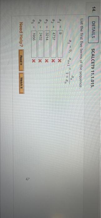 Solved 14. DETAILS SCALCET9 11.1.015. List the first five | Chegg.com