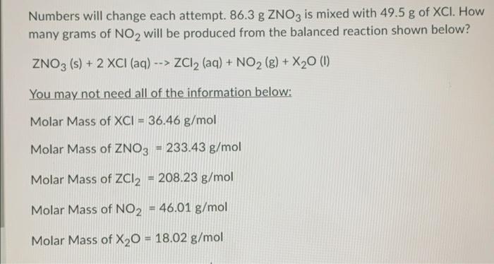 Solved Numbers will change each attempt. 86.3 g ZNO3 is | Chegg.com