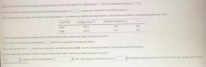 Solved Data on tih-grade test scores (reading and | Chegg.com