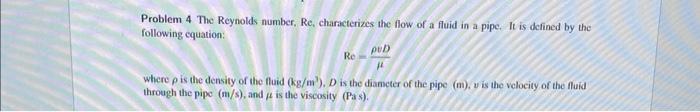 Solved Problem 4 The Reynolds number. Re, charicterizes the | Chegg.com