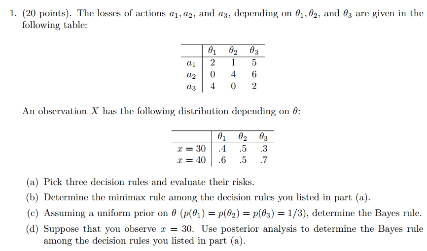Solved (20 ﻿points). ﻿The losses of actions a1,a2, ﻿and a3, | Chegg.com