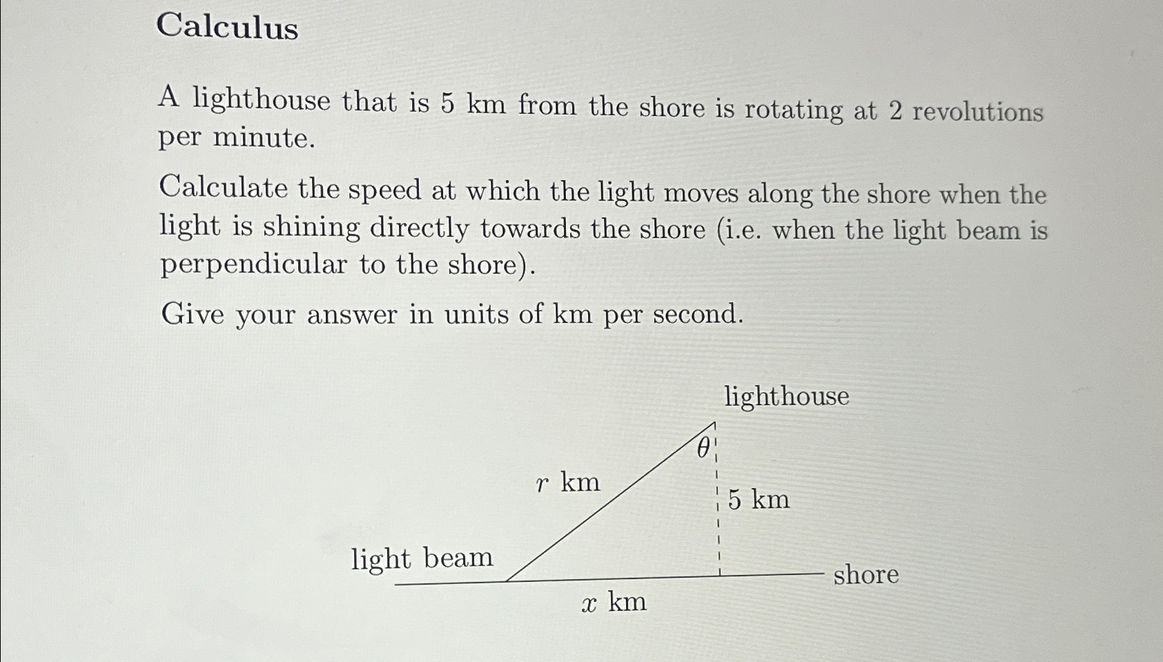 Solved CalculusA lighthouse that is 5km ﻿from the shore is | Chegg.com