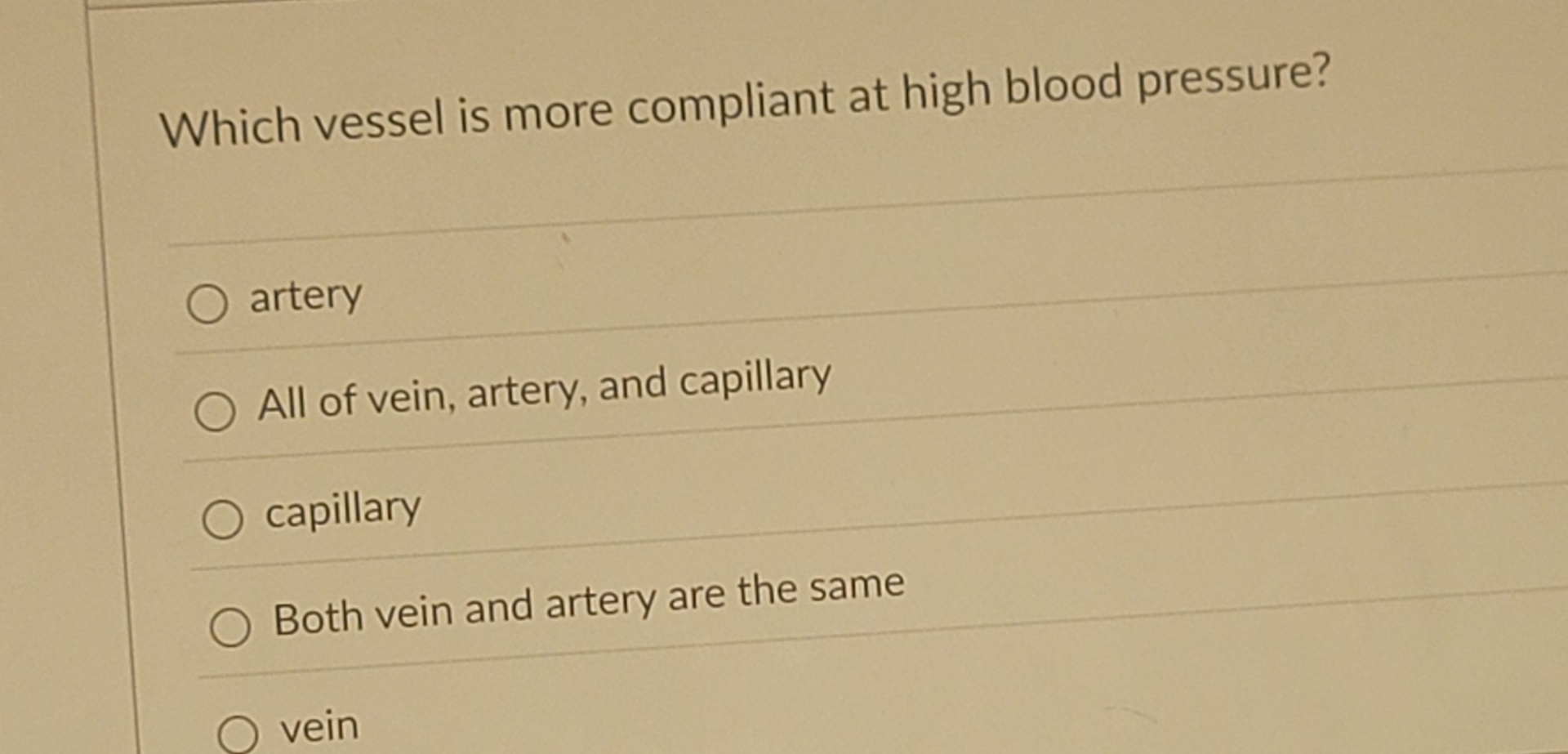 Solved Which vessel is more compliant at high blood | Chegg.com