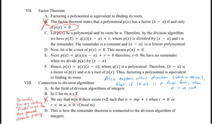 Solved VII. Factor Theorem A. Factoring a polynomial is | Chegg.com