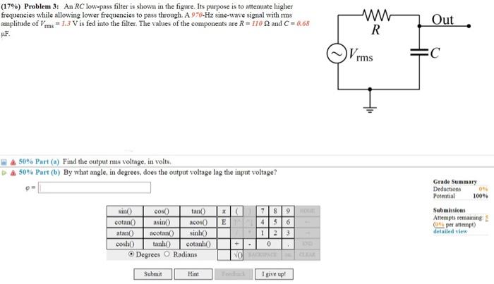 Solved (17%) Problem 3: An RC lowvass filter is shown in the | Chegg.com