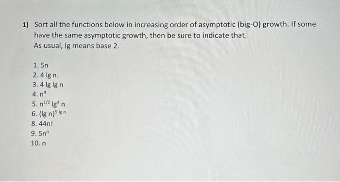 Solved 1) Sort all the functions below in increasing order | Chegg.com