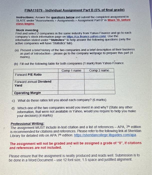 Solved FINA11079 - Individual Assignment Part B (5% of final | Chegg.com